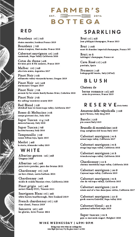 Wine & Libation Selections | Farmer's Bottega Mission Hills